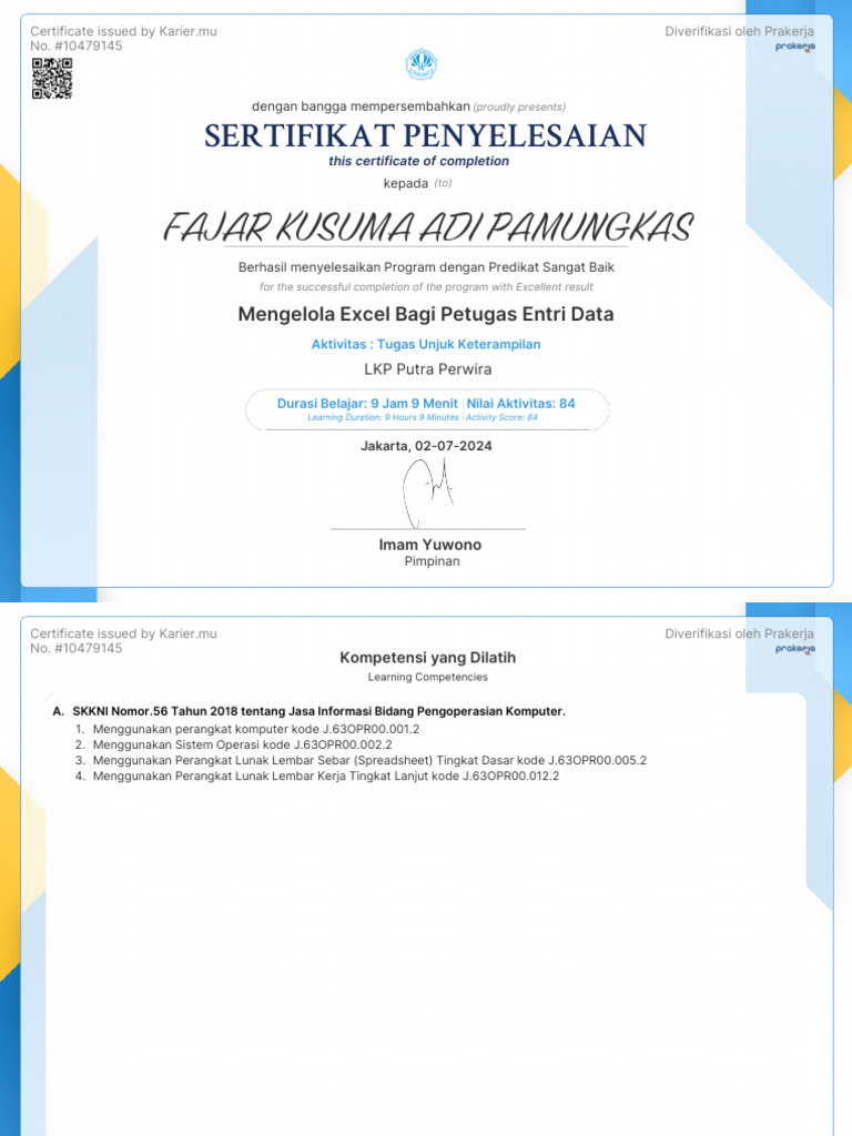 Sertifikat Excel Entri Data | PDF