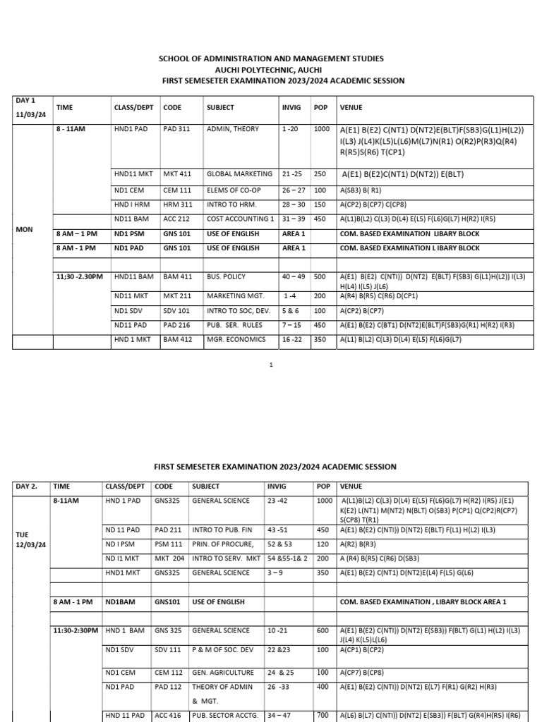 School of Bus. Exam Time Table | PDF