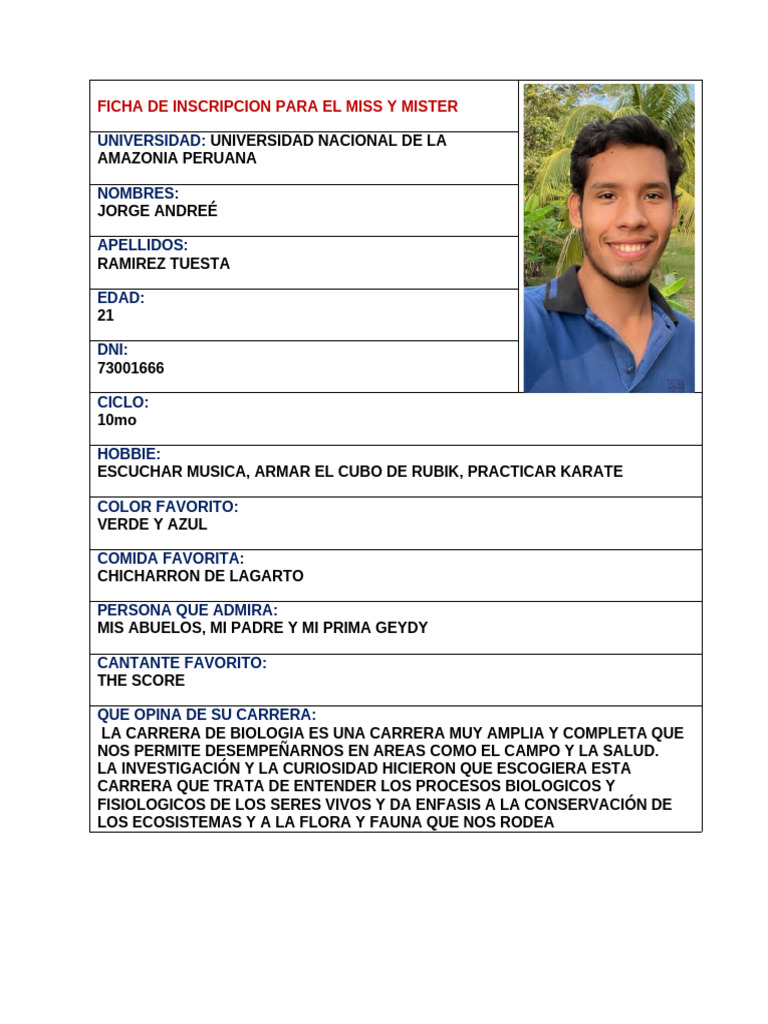 Ficha de Inscripcion para El Miss y Mister | PDF