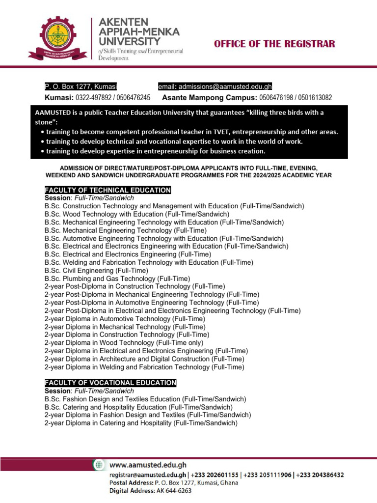 2024/2025 AAMUSTED Admissions | PDF | Educational Stages | Qualifications