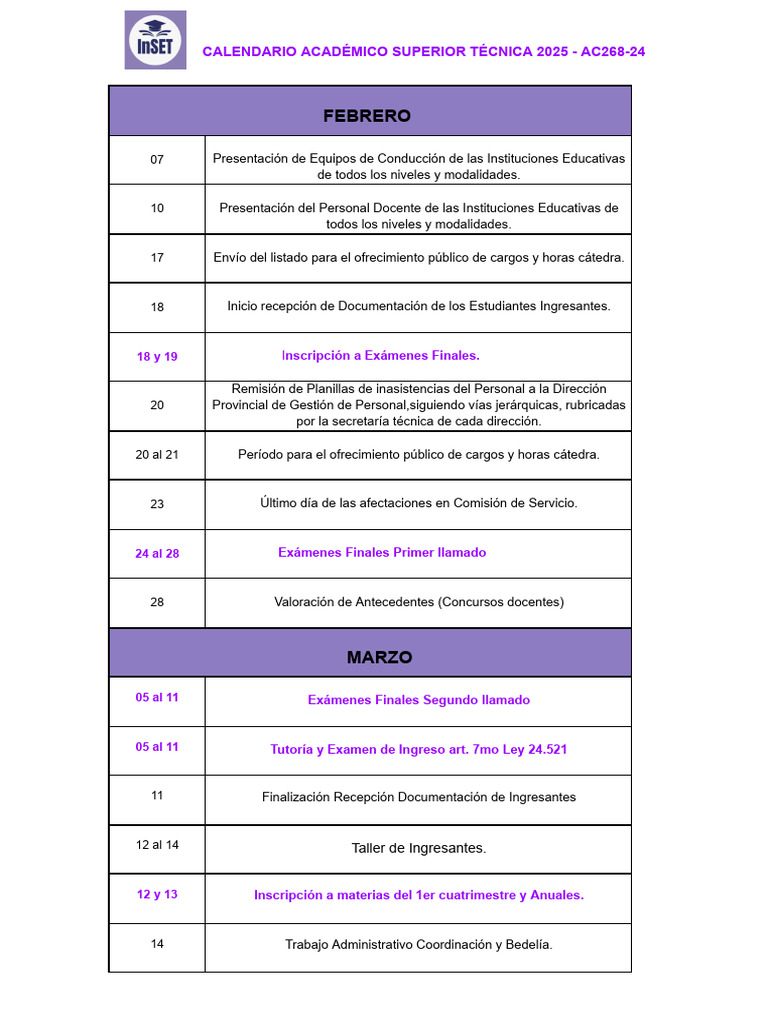 Calendario Academico InSET 2025 | PDF