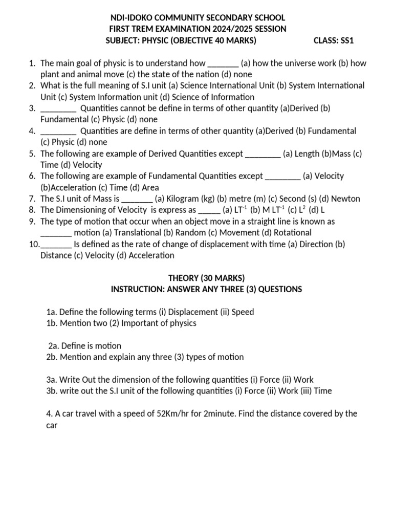 SS1-SS3 Physics Exam Questions 2024 | PDF | Force | Potential Energy