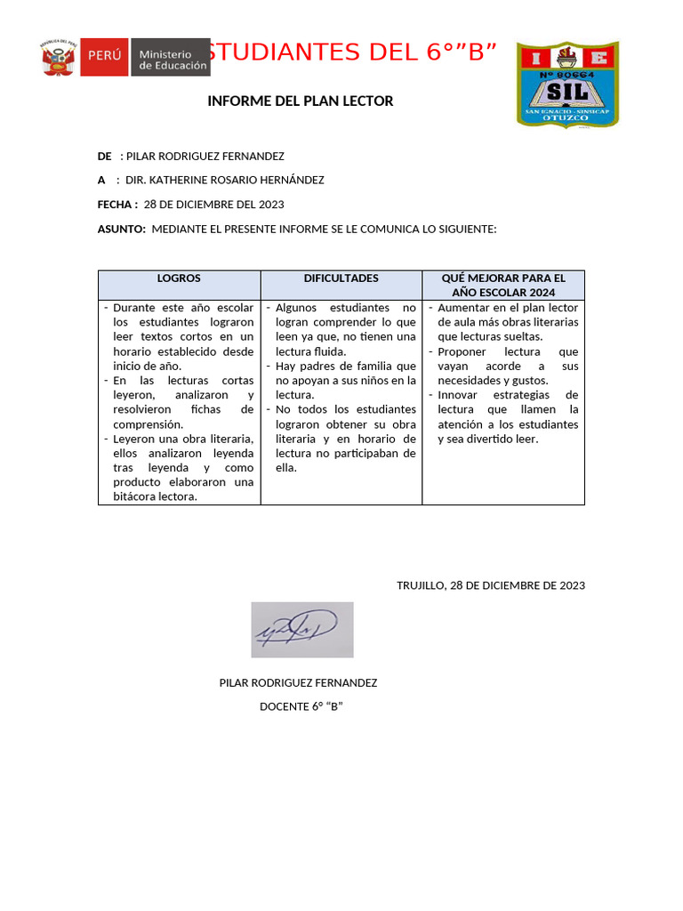 INFORME DE PLAN LECTOR | PDF