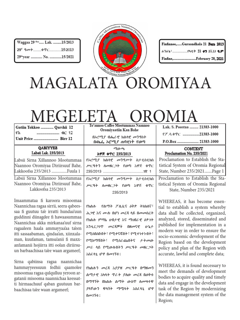 Oromia Statistical System Proclamation | PDF | Data | Computing