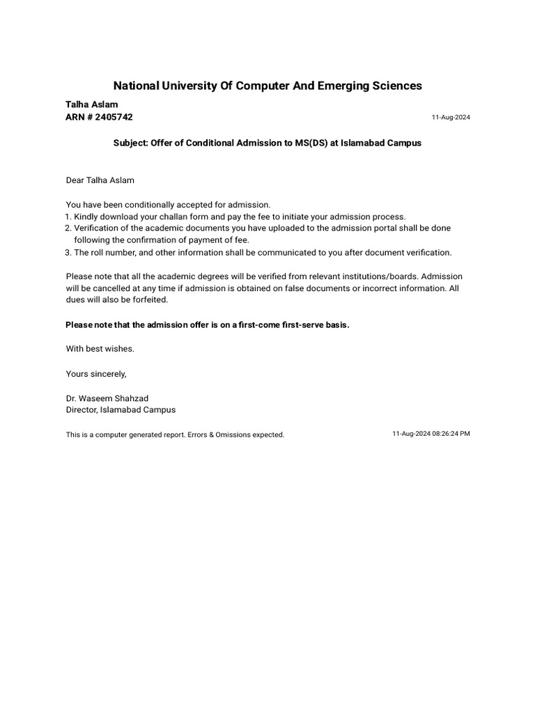 Conditional Admission Offer for MS(DS) | PDF