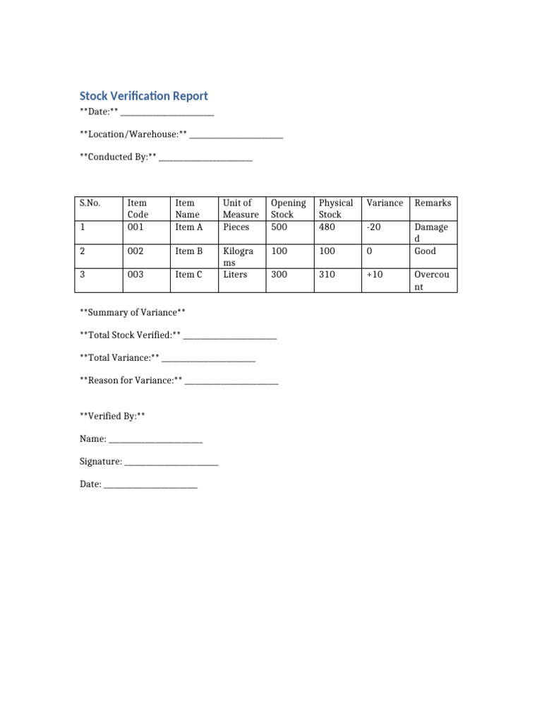 Stock Verification Report Template | PDF