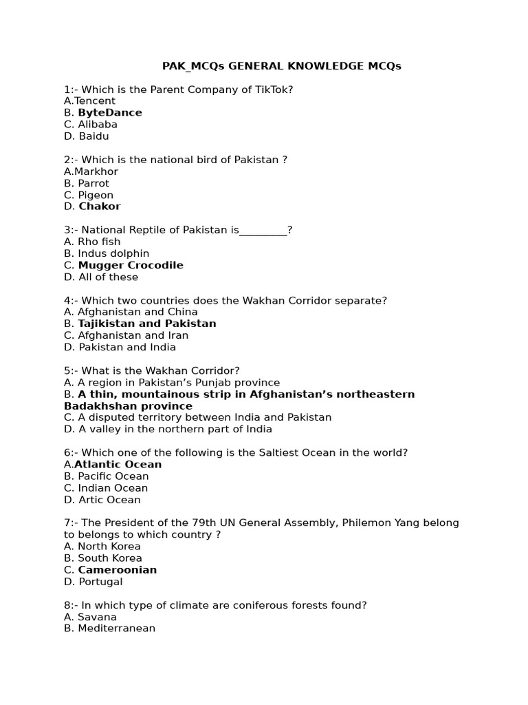 PAK - MCQS General Knowledge | PDF | Pakistan | Afghanistan