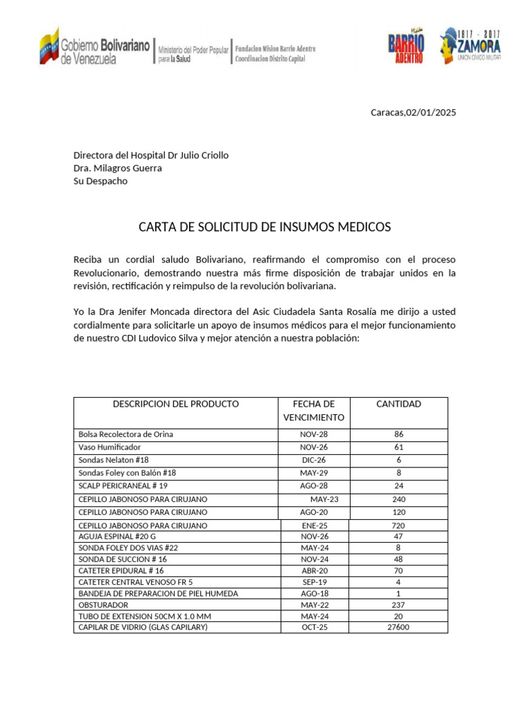 Carta de Solicitud de Insumos Medicos Hospital Julio Criollo | PDF