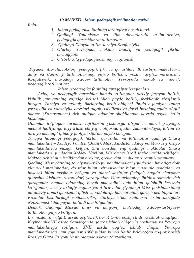 10-MAVZU Jahon Pedagogik Ta'limotlar Tarixi | PDF