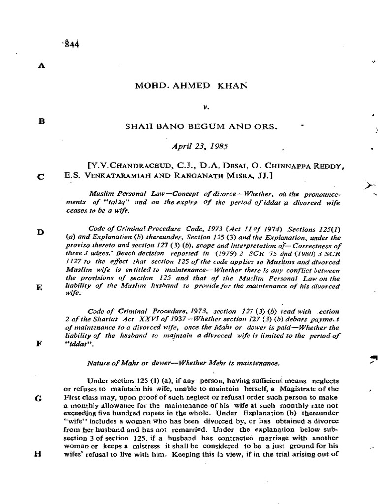 Mohd. Ahmed Khan v. Shah Bano Begum, [1985] 3 S.C.R. 844 | PDF | Marriage | Divorce