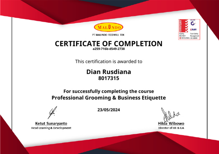 Certification Professional Grooming & Business Etiquette Dian.r | PDF