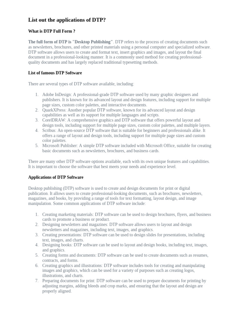 List Out The Applications of DTP | PDF | Page Layout | Digital Technology