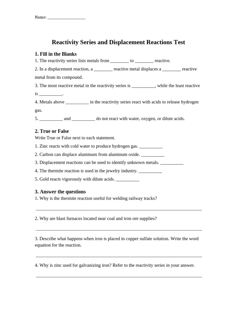 Reactivity_Series_Worksheet | PDF | Chemical Reactions | Iron