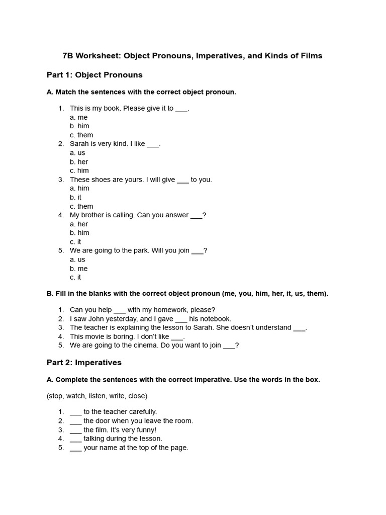 Worksheet - Object Pronouns, Imperatives, and Kinds of Films | PDF