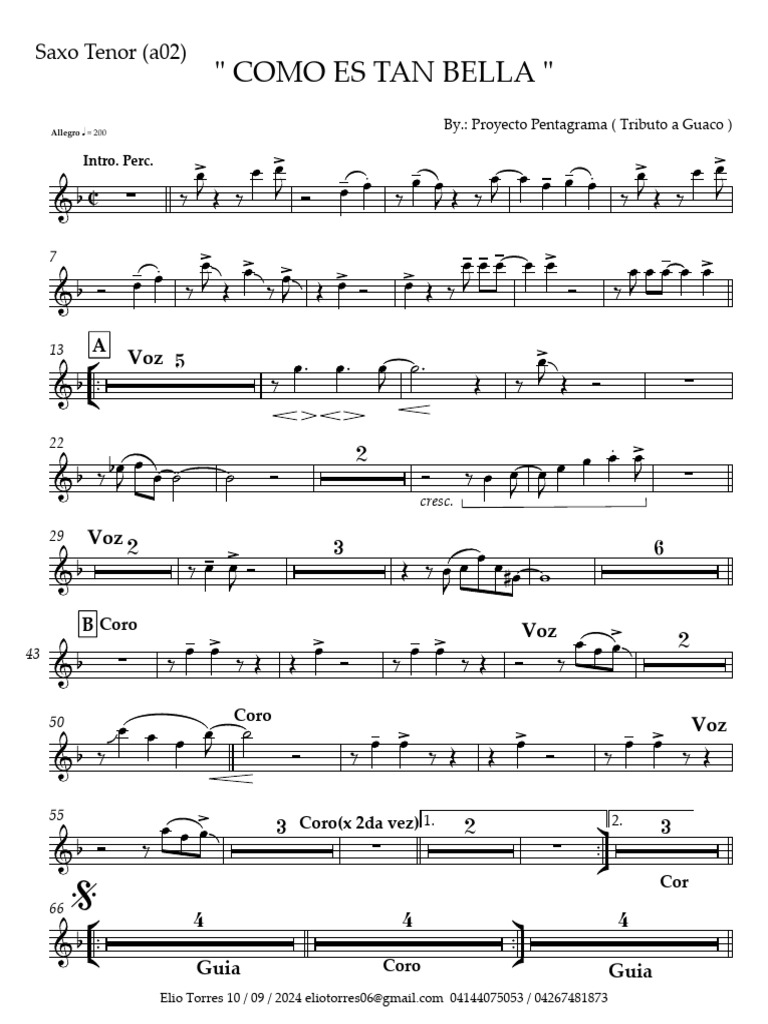 COMO ES TAN BELLA - Saxo Tenor (A 02) - 1 | PDF