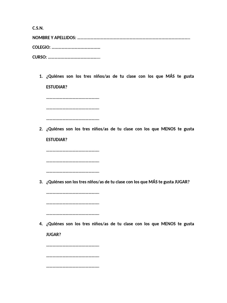 Ejemplo de Test Sociométrico Escolar | PDF
