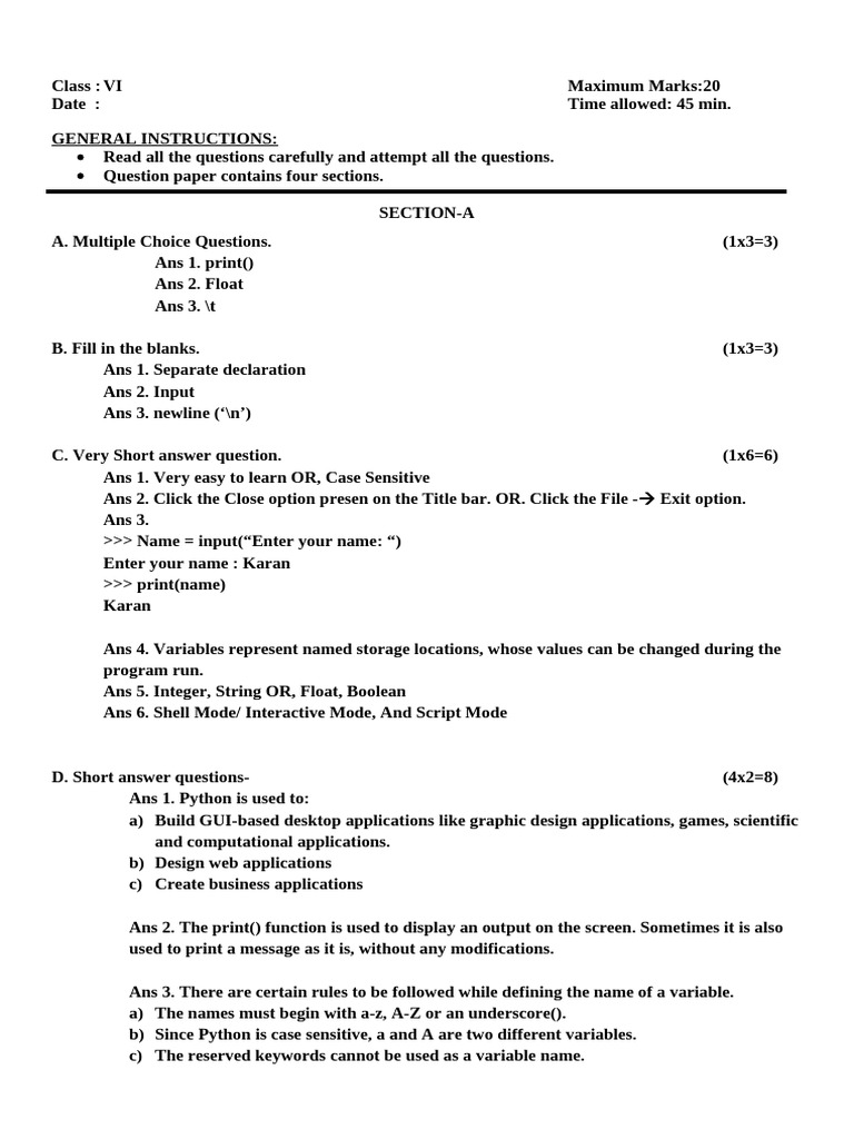Class VI Python Exam Question Paper | PDF