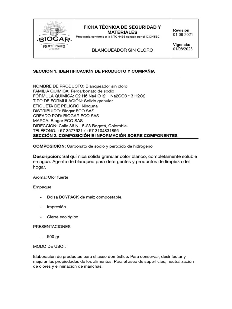 Ficha Técnica Blanqueador Sin Cloro | PDF | Blanqueador | Ventilación ...