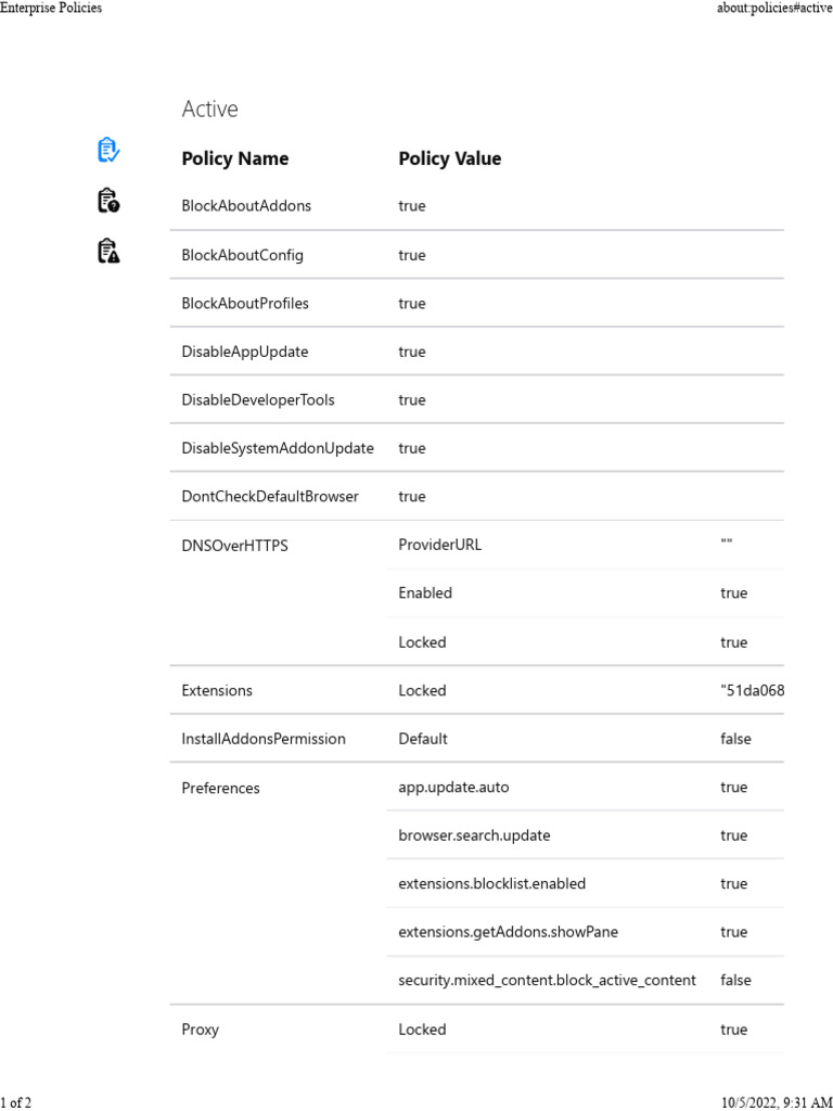 Firefox Enterprise Policy Settings | PDF