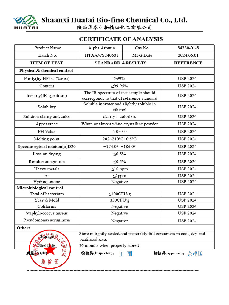 Alpha Arbutin Certificate of Analysis | PDF | Chemical Substances ...