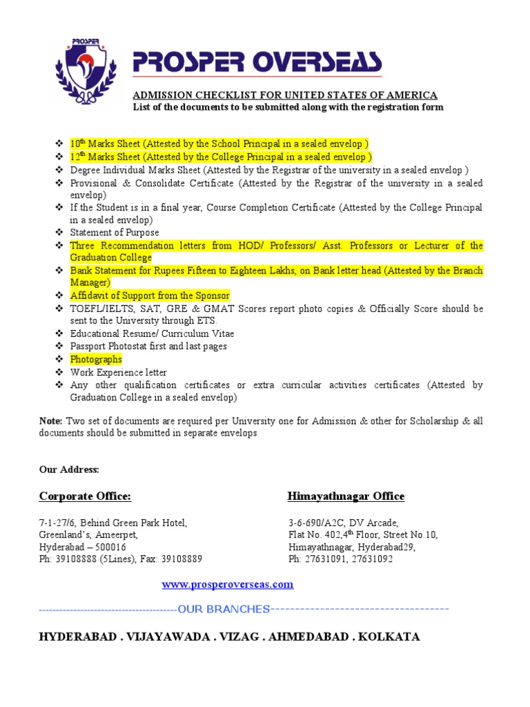 US University Admission Document Checklist | PDF