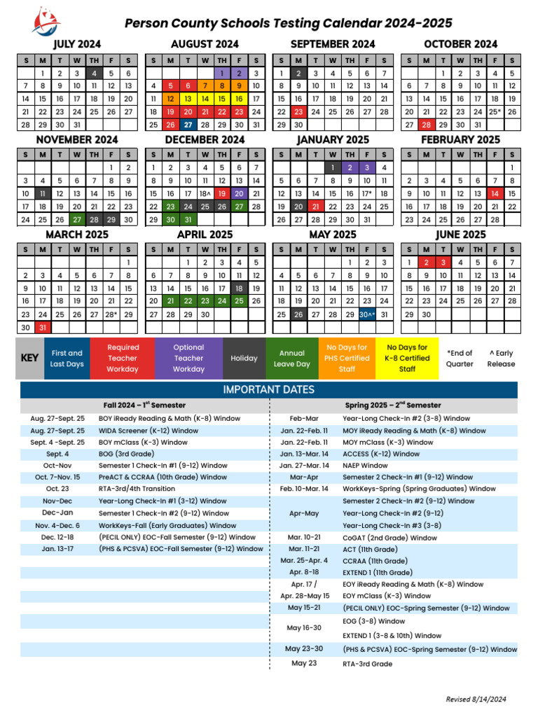 Person County Schools Testing Calendar | PDF