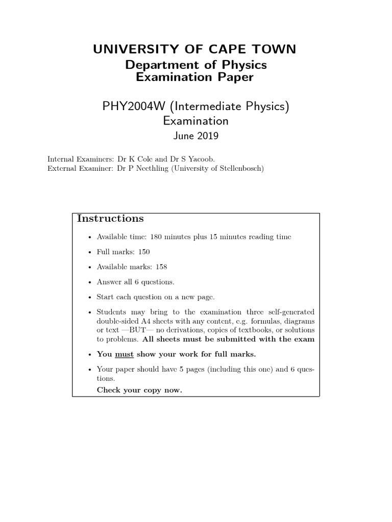 PHY2004W 2019 June Final Examination - CM | PDF | Damping | Mass