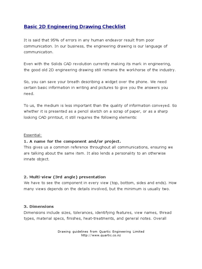 Basic 2D Engineering Drawing Checklist: 1. A Name For The Component And ...