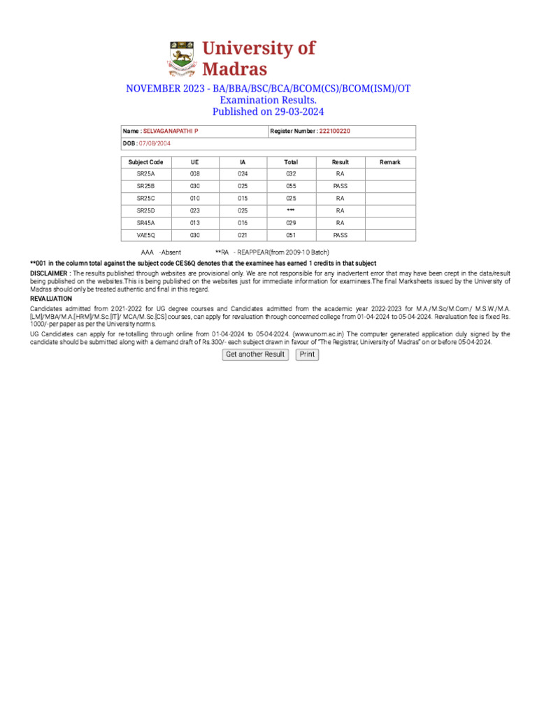 Exam.unom.Ac.in Results Ugresultpage.asp (1) | PDF | Academia | Educational Stages
