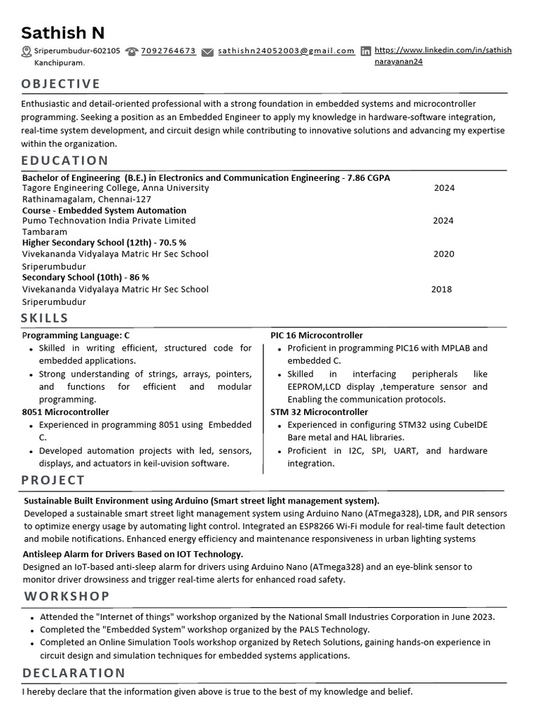 Sathish N - Resume - 20250123 - 162841 - 0000 | PDF | Embedded System | Microcontroller