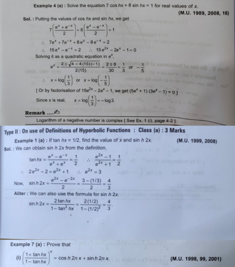 Hyperbolic Functions QB Answers | PDF