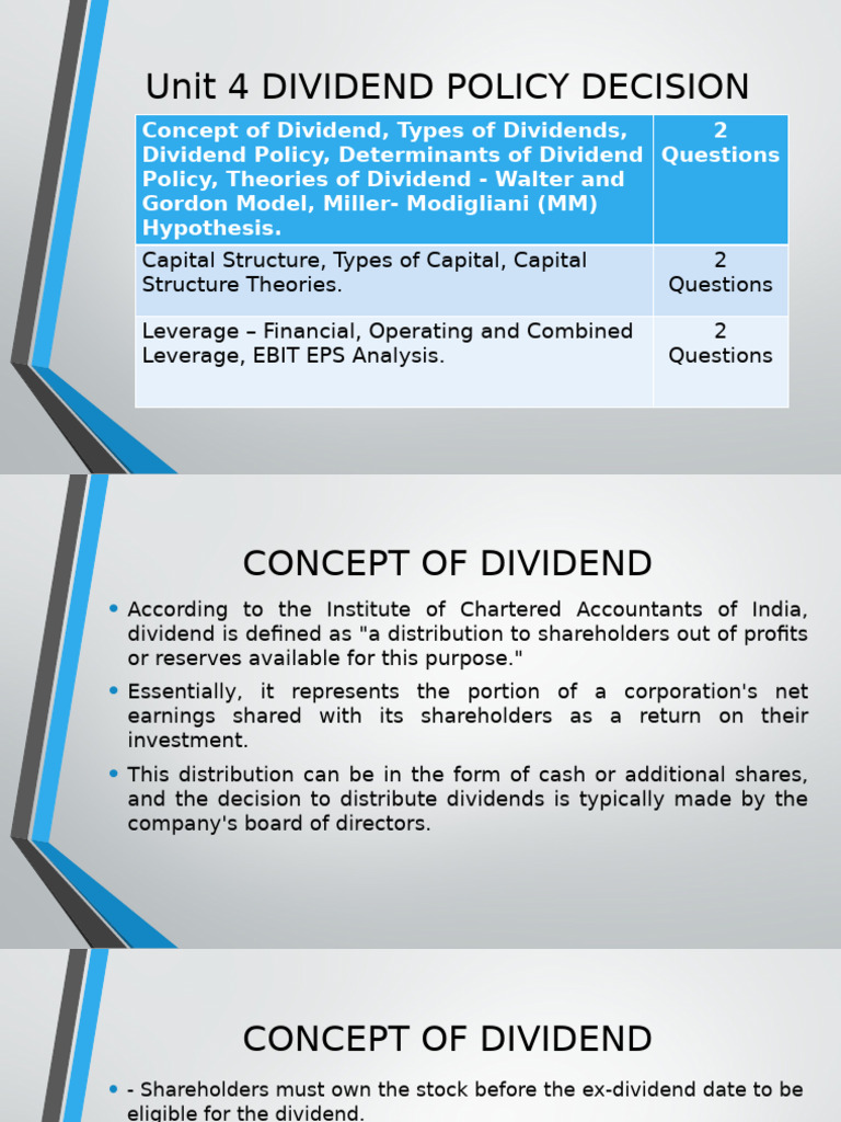 Aa United MBA UNIT 4 DIVIDEND POLICY DECISION STUDENTS | PDF | Dividend | Equity (Finance)