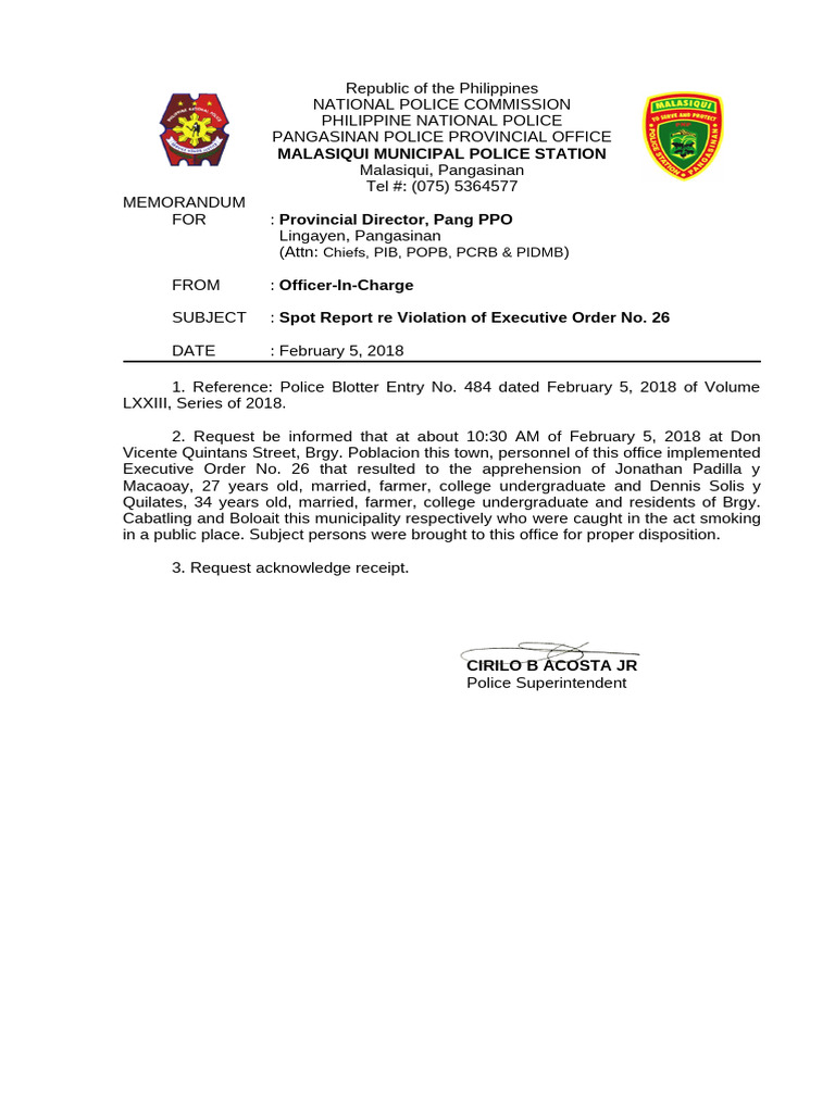 Malasiqui Police Spot Report on EO 26 Violation | PDF