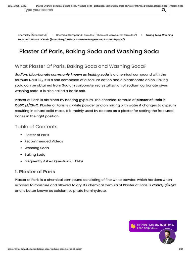 Plaster of Paris Formula, Baking Soda, Washing Soda - Definition, Preparation, Uses of Plaster ...