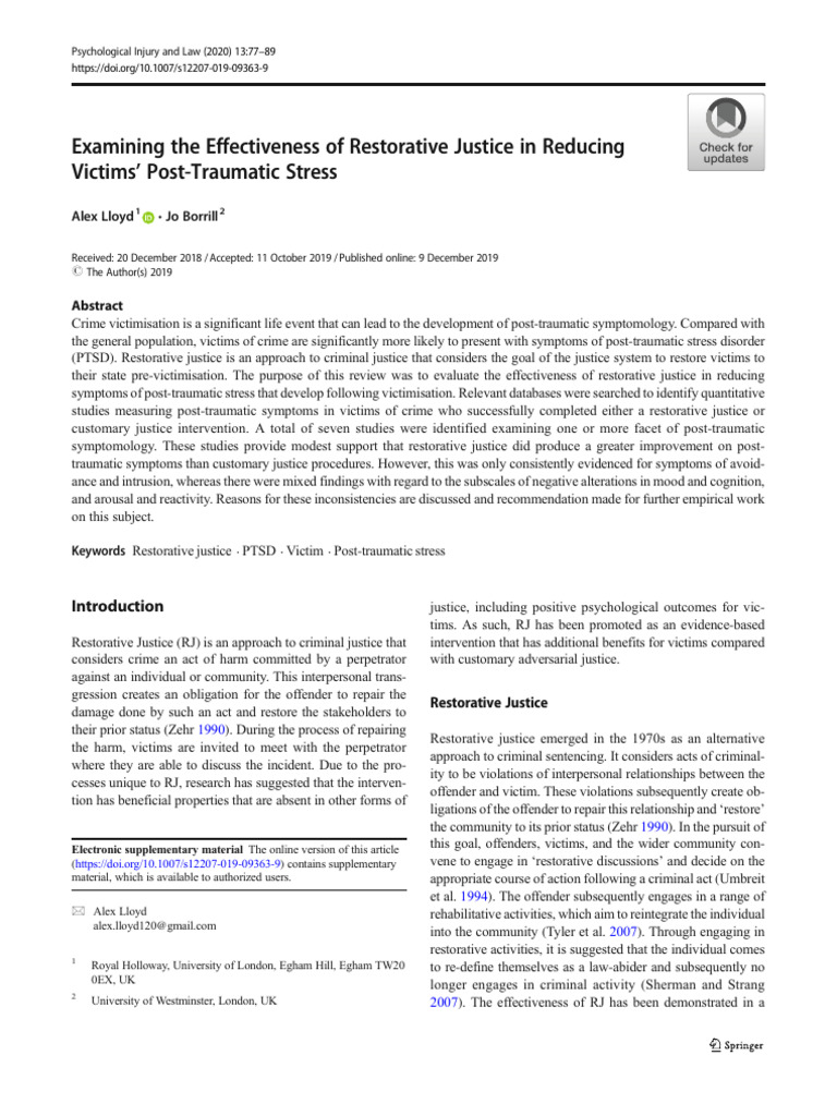 (JD) Examining the Effectiveness of Restorative Justice in Reducing Victims’ Post-Traumatic ...