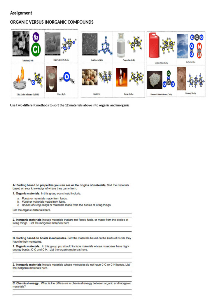 Organic vs Inorganic Compounds Sorting | PDF