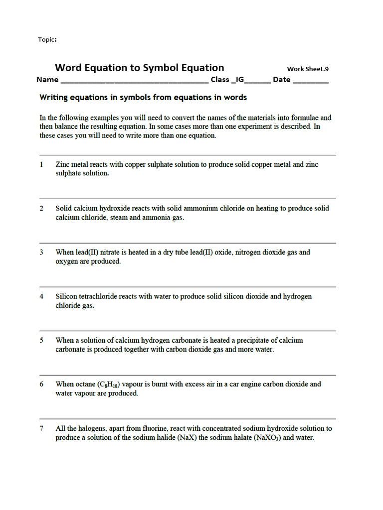 Word Equation To Symbol Equation Worksheet 9 | PDF