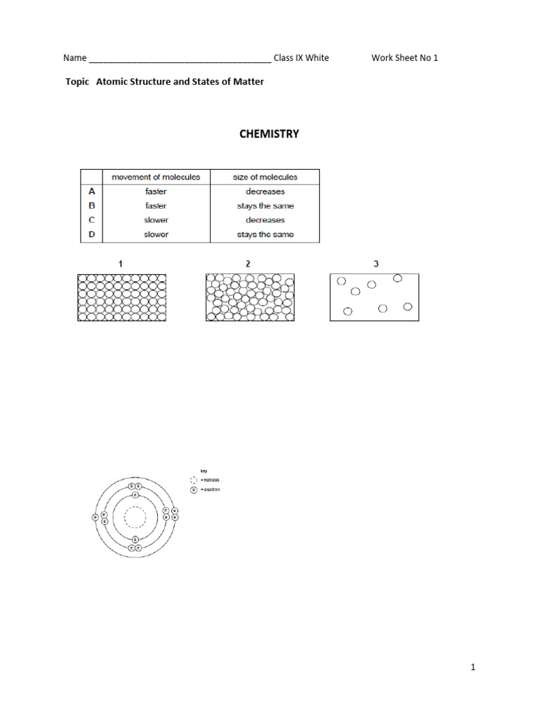 Atomic Structure and States of Matter Worksheet 1 | PDF | Molecules ...