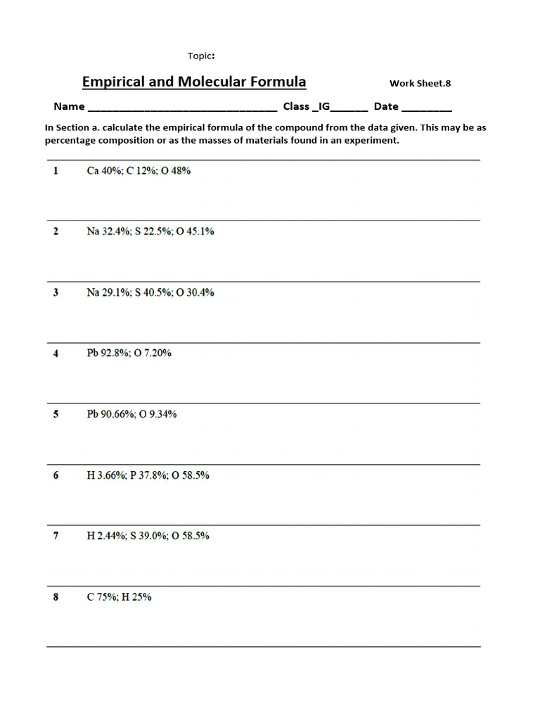 Empirical and Chemical Formula Worksheet 8 | PDF
