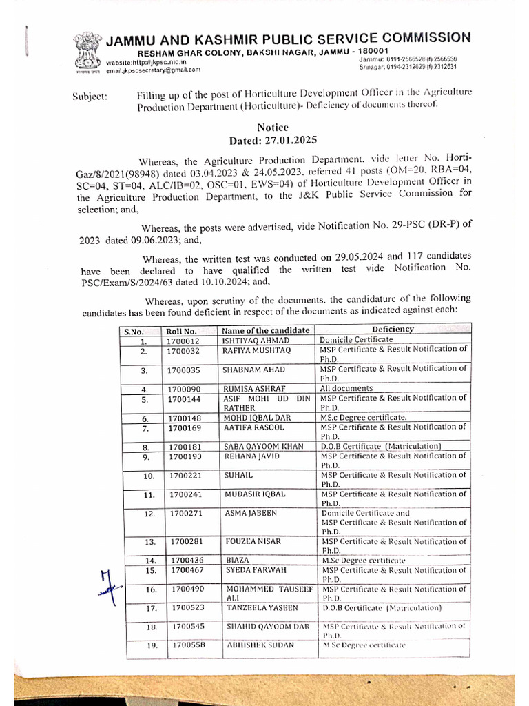 Deficiency Notice For The Post of Horticulture Development Officer in ...