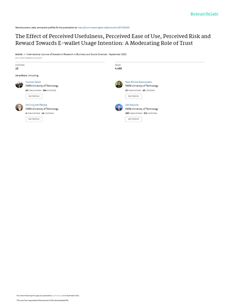 The Effect of Perceived Usefulness Perceived Ease of Use Perceived Risk and Reward Towards e ...