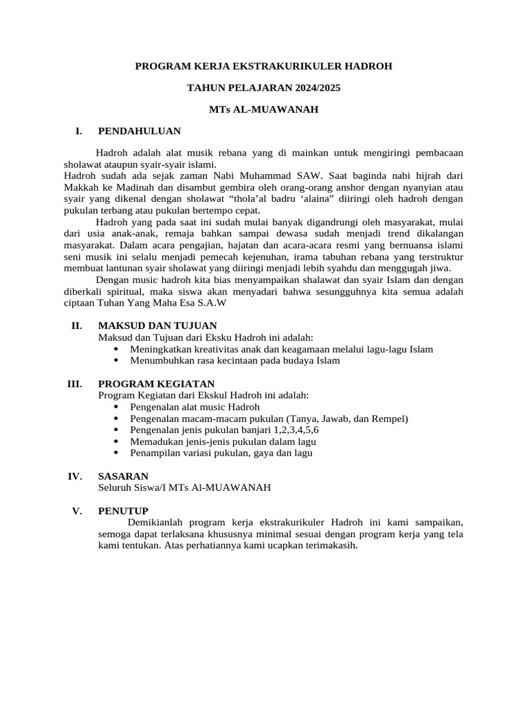 663432616-PROGRAM-KERJA-EKSTRAKURIKULER-HADROH | PDF