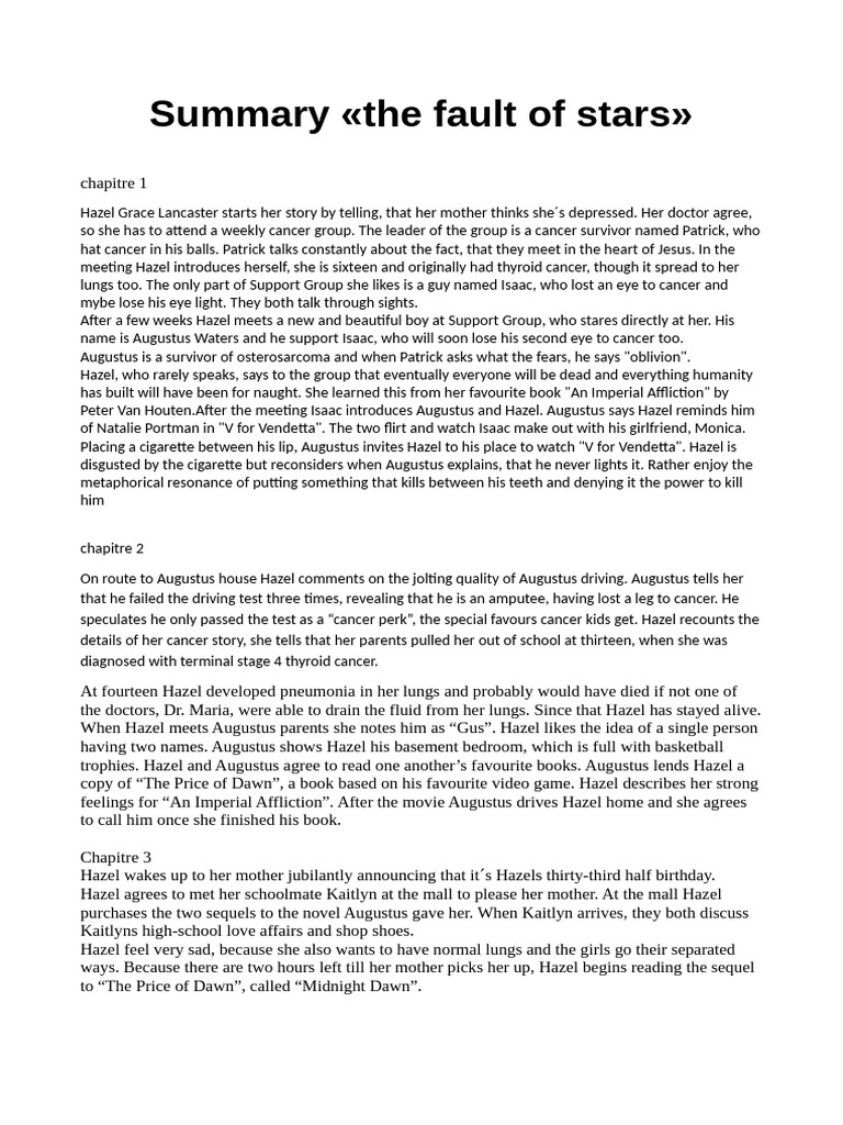 "The Fault in Our Stars: Chapter Summaries" | PDF