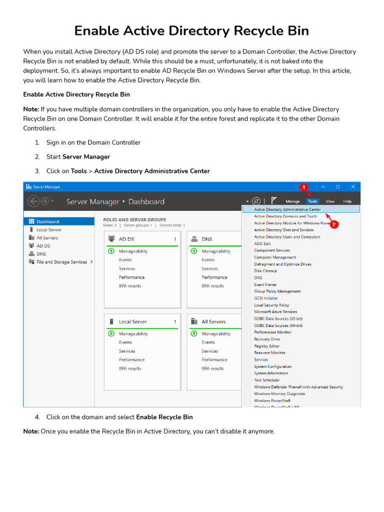 Enable Active Directory Recycle Bin | PDF