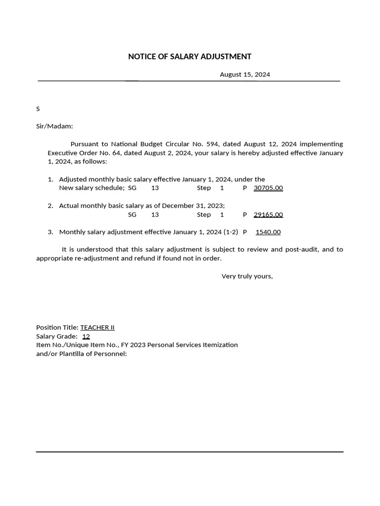 Salary Adjustment Notice for Teacher II | PDF
