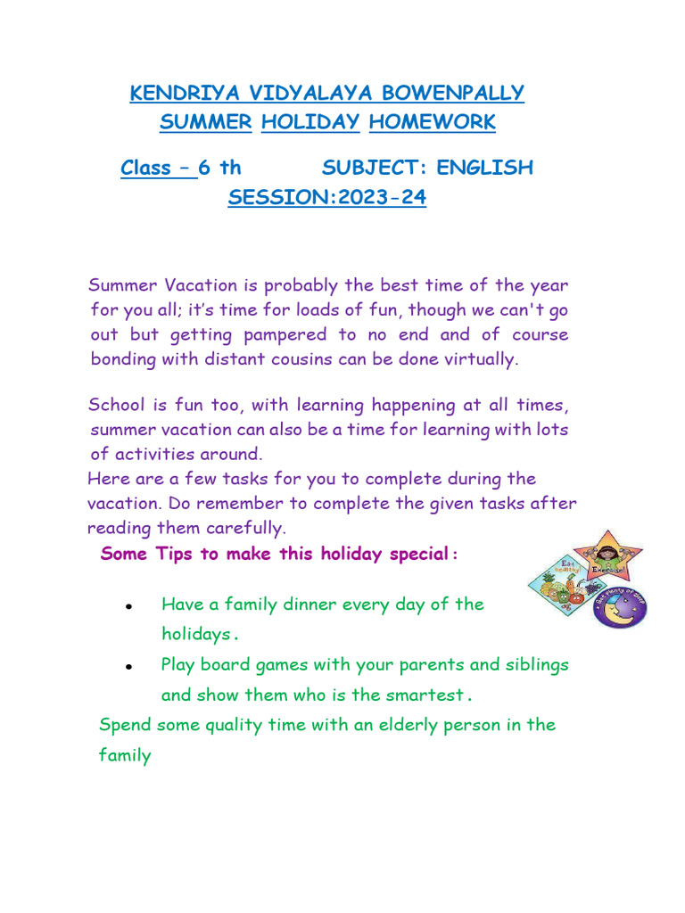 Class 6 Summer Holiday Homework | PDF