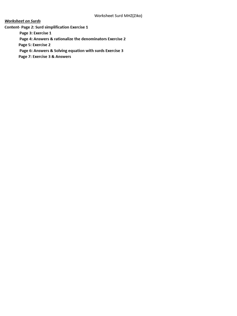 Surd Worksheet: Exercises & Answers | PDF