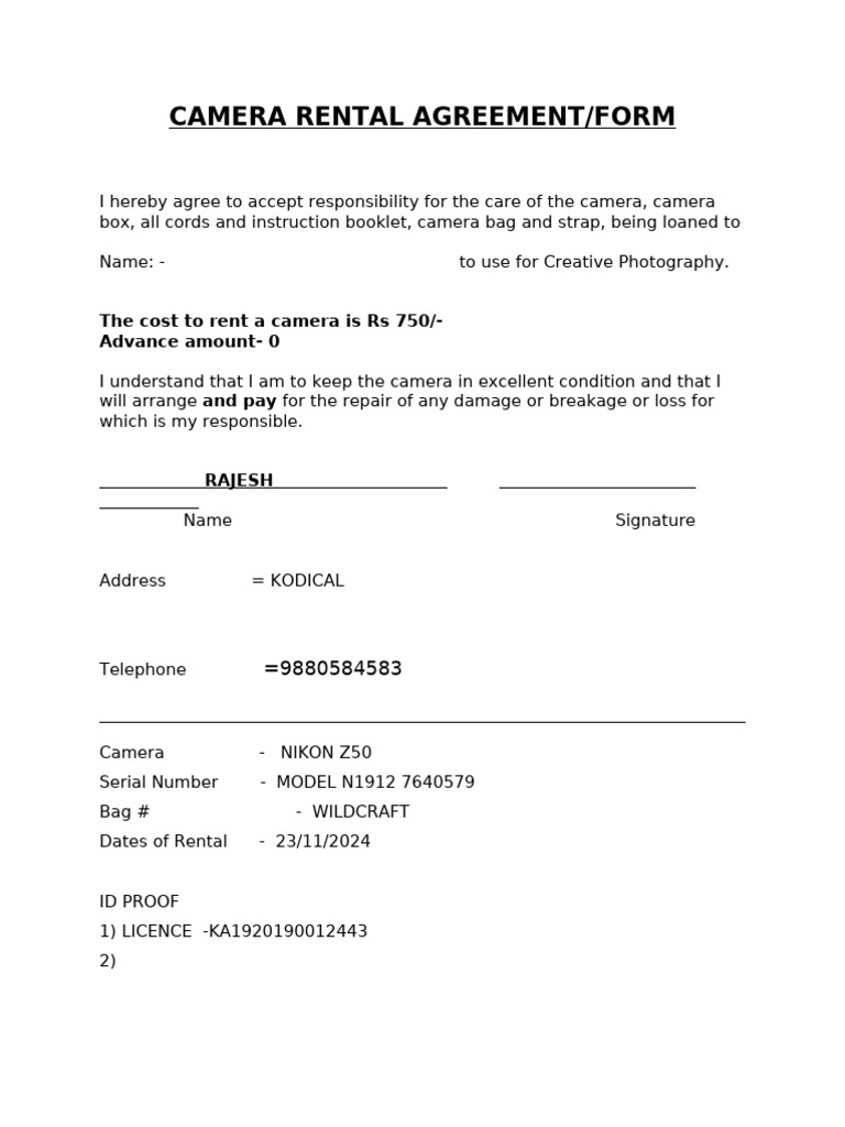Camera Rental Agreement Form | PDF