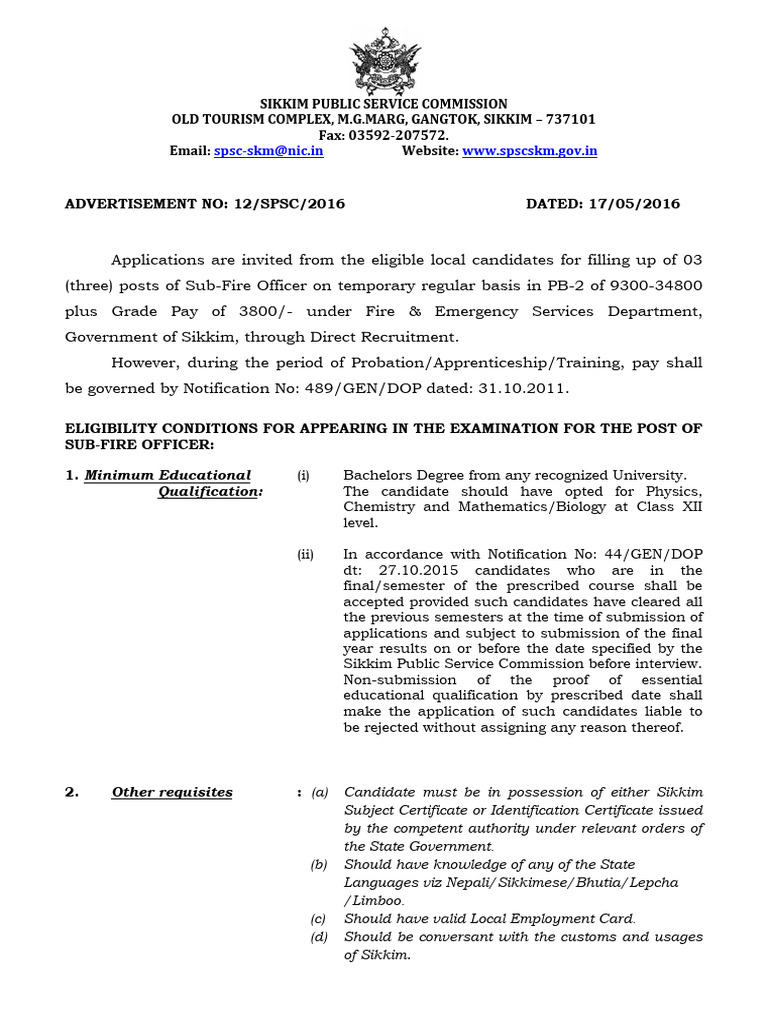 Sikkim Sub-Fire Officer Recruitment 2016 | PDF