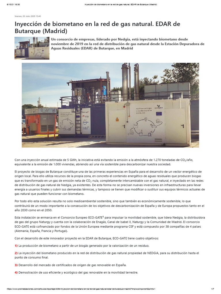 Inyección de Biometano en La Red de Gas Natural. EDAR de Butarque (Madrid) | PDF | Energía ...